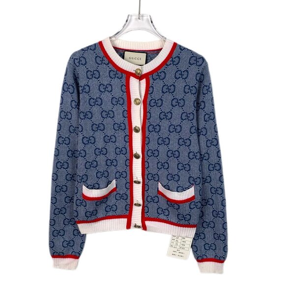Gucci | Sweaters | Gucci Blue Logo Monogram Cotton Knit Cardigan | Poshmark